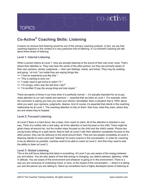 Co-Active Coaching Skills: Listening - Coaches Training Institute