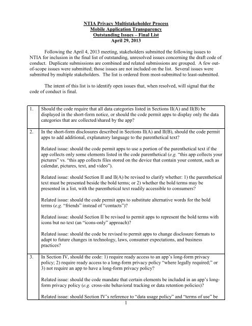 Final Outstanding Issues List