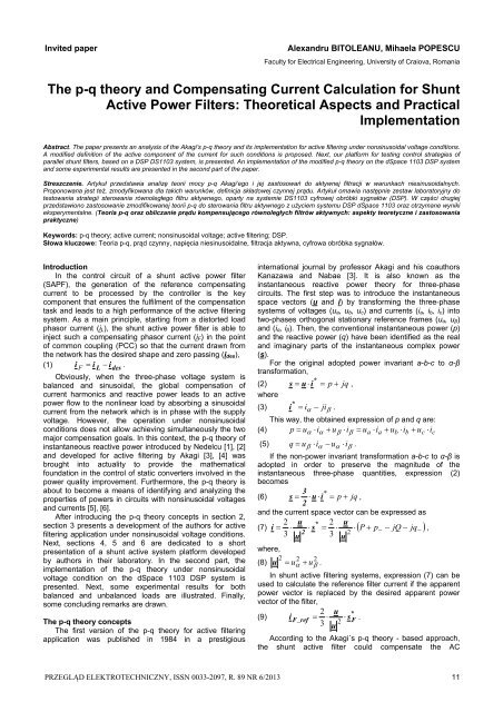 The p-q theory and Compensating Current Calculation for Shunt ...
