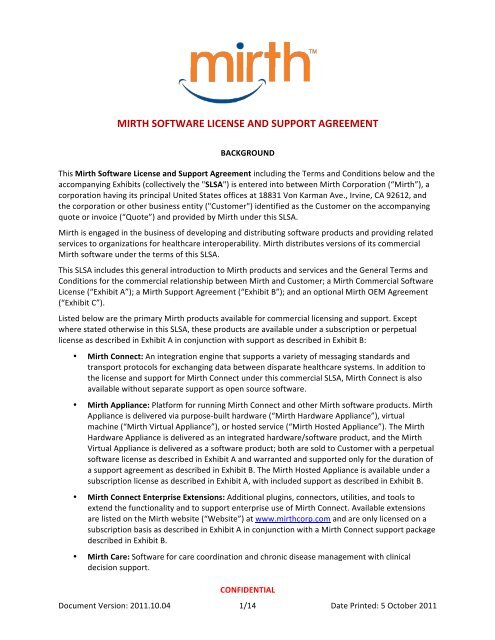 mirth software license and support agreement - Mirth Corporation