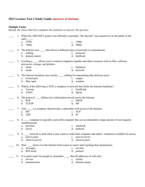 1013 Lecture Test 2 Study Guide (answers at bottom)
