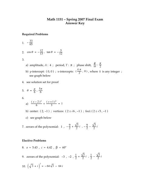 Math 1151 â Spring 2007 Final Exam Answer Key