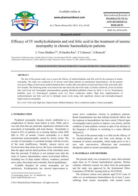Efficacy of IV methylcobalamin and oral folic acid ... - PharmSciDirect