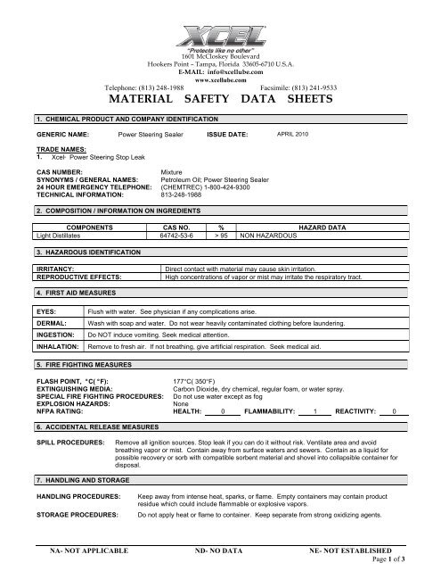 Download MSDS - Xcel Lubricants