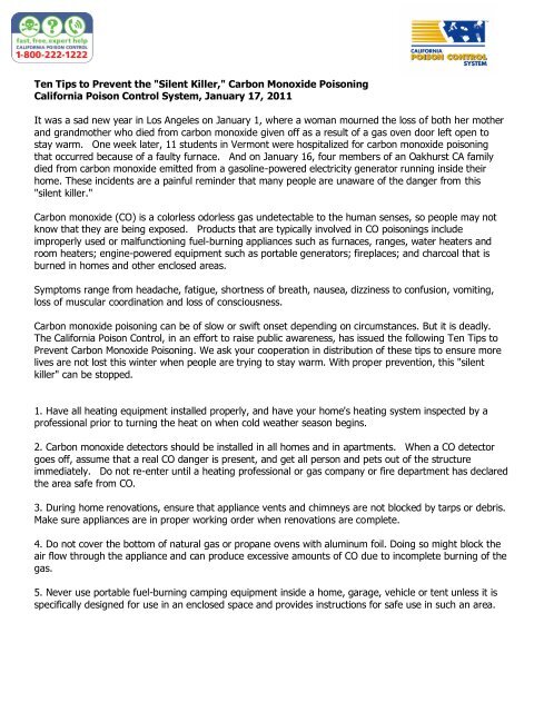 Ten Tips to Prevent the "Silent Killer," - California Poison Control ...