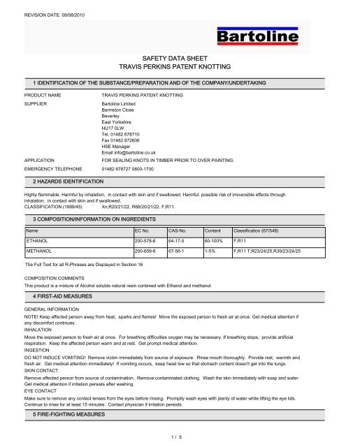 SAFETY DATA SHEET TRAVIS PERKINS PATENT KNOTTING
