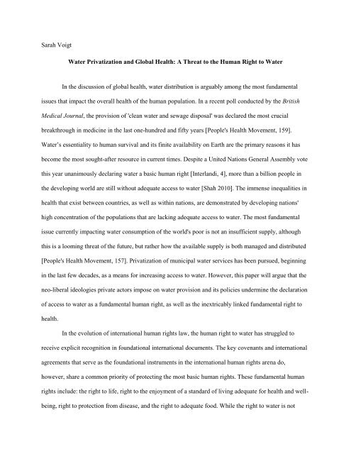 Sarah Voigt Water Privatization and Global Health - International ...