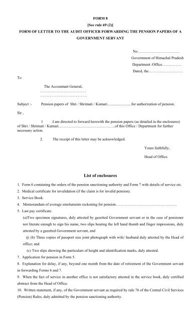 Form of Letter to the Audit Officer forwarding the pension papers of a ...