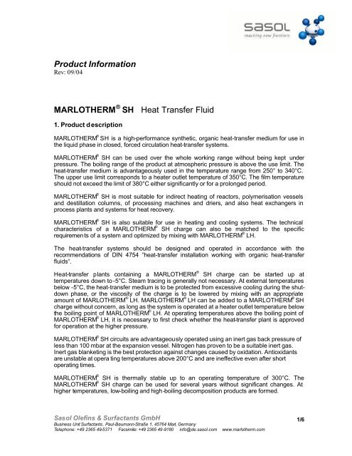 Product Information MARLOTHERM SH Heat Transfer Fluid â