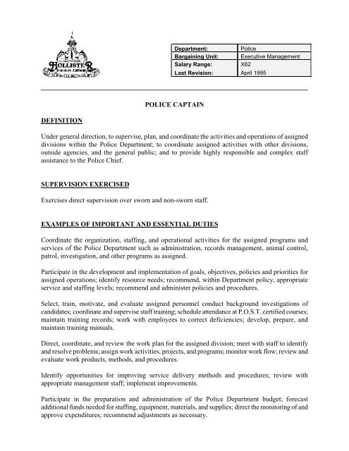 POLICE CAPTAIN DEFINITION Under general ... - City of Hollister