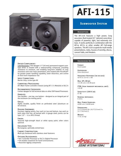 Apogee AFI-115 Subwoofer System Spec - Apogee Sound