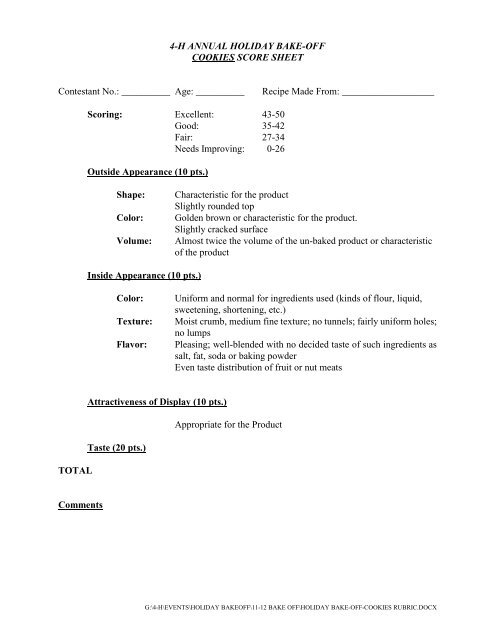 4-H ANNUAL HOLIDAY BAKE-OFF COOKIES SCORE SHEET ...