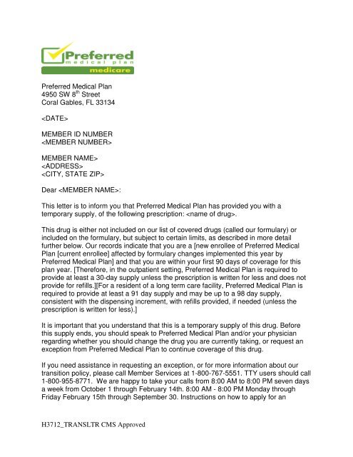 Sample Transition Letter - Medicare Plan