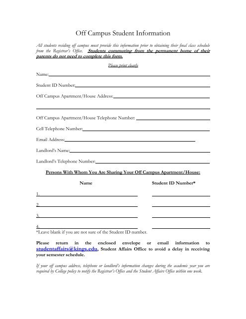 Off campus Student Information Form - King's College
