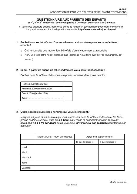 QUESTIONNAIRE AUX PARENTS DES ENFANTS - Ecoles-du-Jura.ch