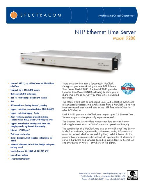 NetClock NTP Ethernet Time Server Model 9288 - Spectracom