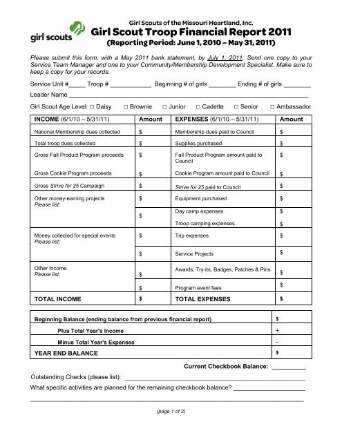 Girl Scout Troop Financial Report 2011 - Girl Scouts of the Missouri ...
