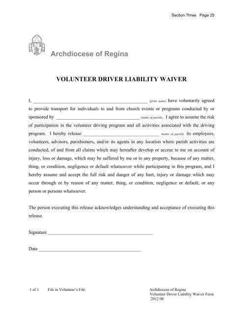 Archdiocese of Regina VOLUNTEER DRIVER LIABILITY WAIVER
