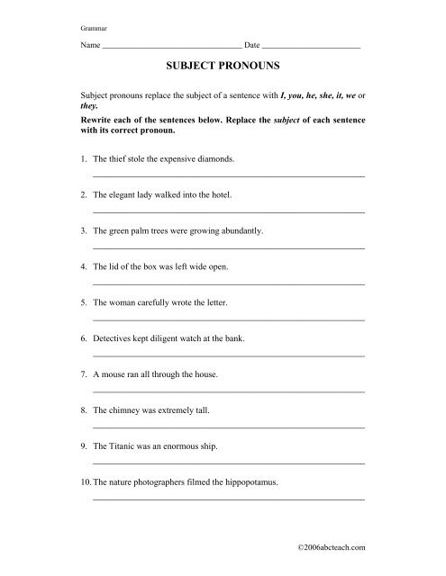 Subject Pronouns Worksheet For Grade 1