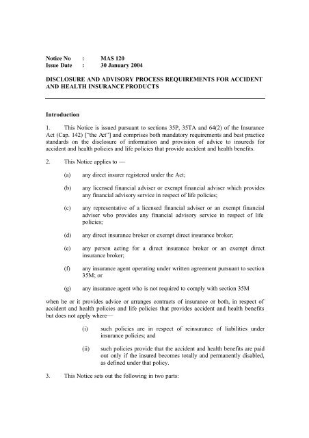 MAS Notice 120 dated 30 January 2004 - General Insurance ...