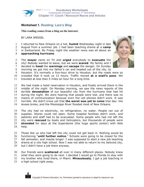 Worksheet 1. Reading: Lara's Blog - AzarGrammar.com