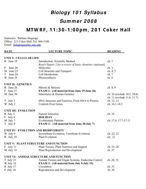 Biology 101 Syllabus Summer 2008 MTWRF, 11 ... - Course Websites