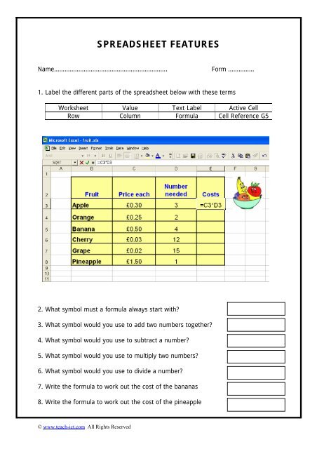 Spreadsheet Features Task Teach Ict