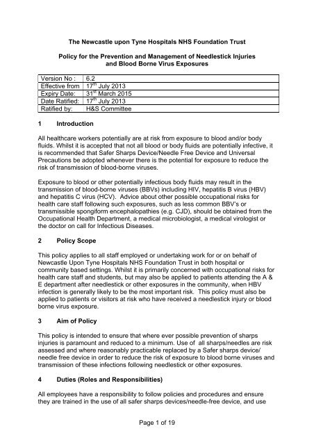 Policy for the prevention and management of Needlestick Injuries ...