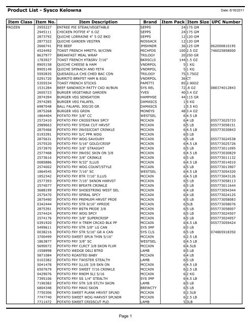 Product List - Sysco Kelowna - Sysco Canada