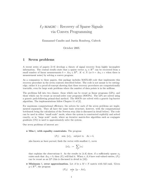 L1 Magic Recovery Of Sparse Signals Via Convex Programming