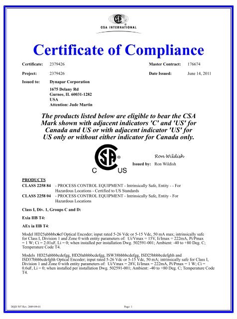 CSA Certificate of Compliance - Dynapar