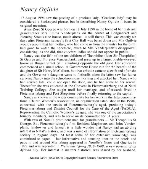 Nancy Ogilvie - Pietermaritzburg Local History