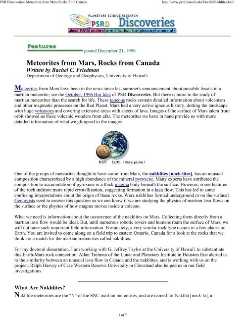 Meteorites from Mars, Rocks from Canada - NASA Planetary ...