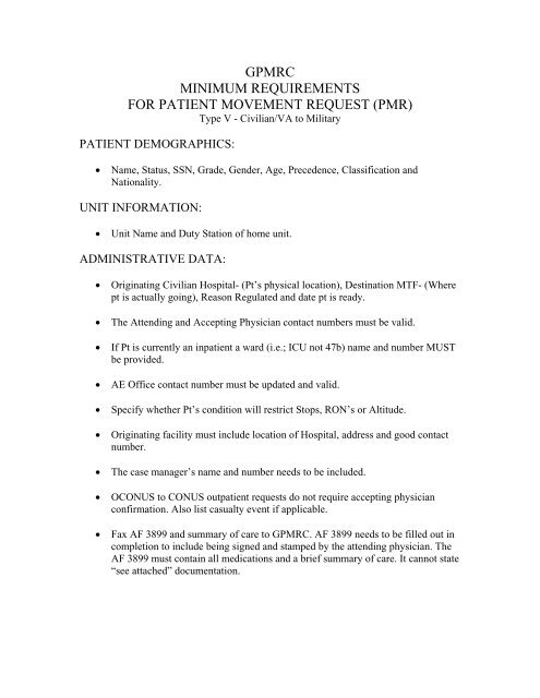 gpmrc minimum requirements for patient movement request (pmr)