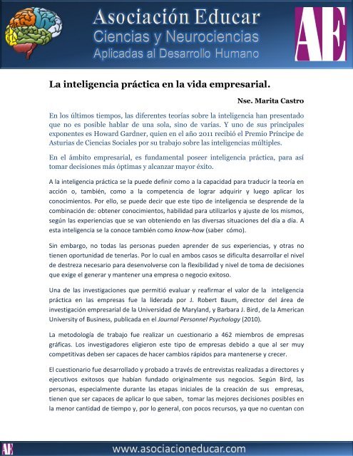 La inteligencia práctica en la vida empresarial. - Asociación Educar