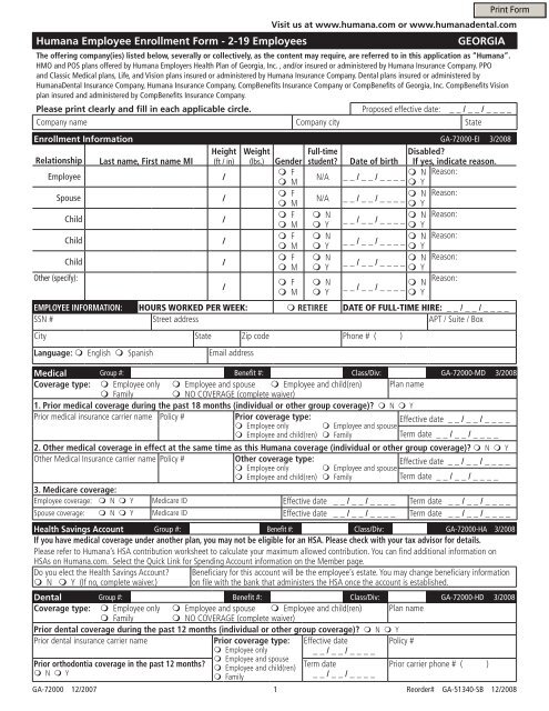 Humana Employee Enrollment Form - 2-19 Employees GEORGIA