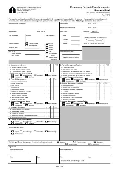Management Review & Property Inspection Summary Sheet