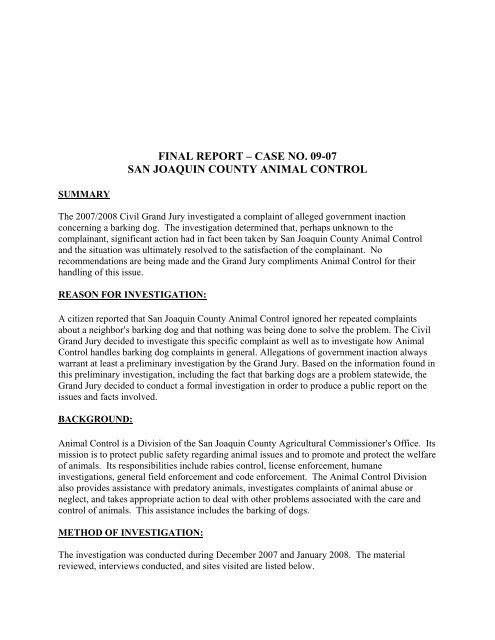 final report â case no. 09-07 san joaquin county animal control