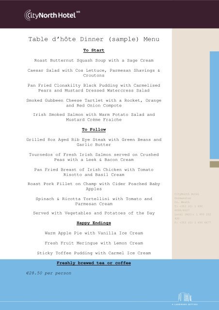 Table d'hÃ´te Dinner (sample) Menu - City North Hotel