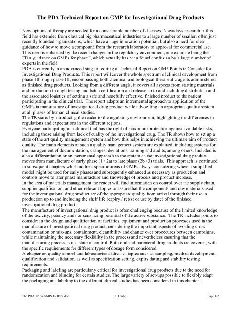 The PDA Technical Report on GMP for Investigational Drug Products