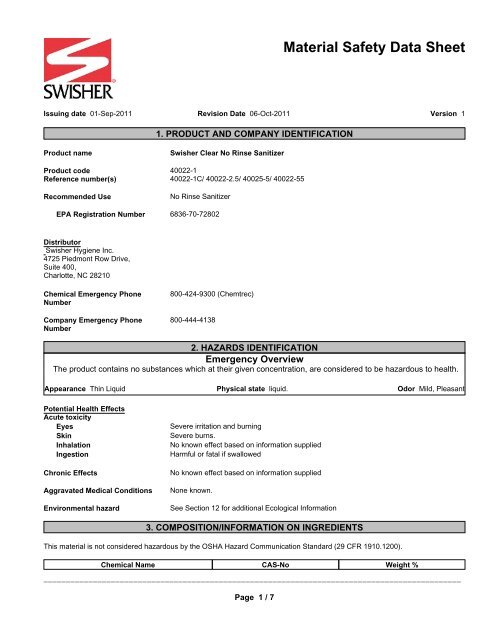 Material Safety Data Sheet - Swisher Hygiene