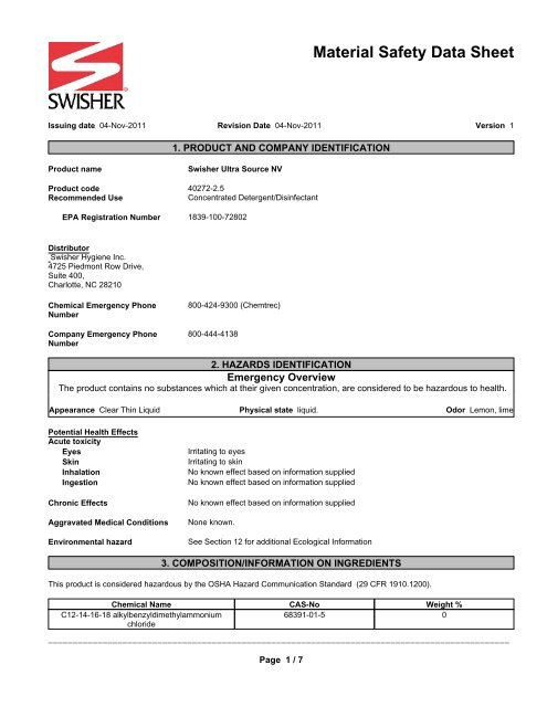 Ultra Source NV - Swisher Hygiene