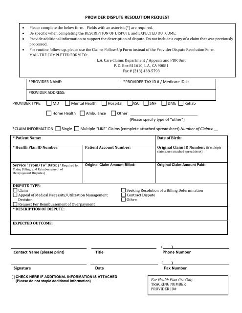Provider Dispute Resolution Request Form - LA Care Health Plan