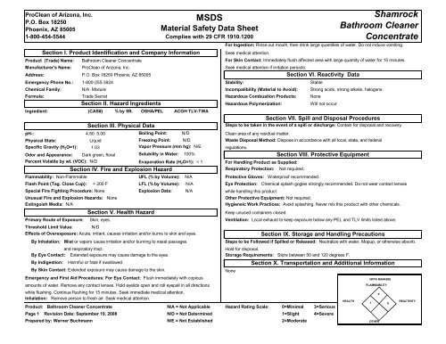 shamrock bathroom cleaner concentrate msds - Swisher Hygiene
