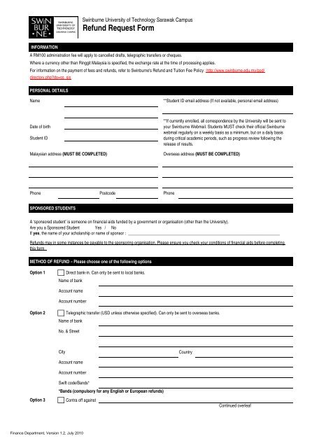 Refund Request Form - Swinburne University of Technology