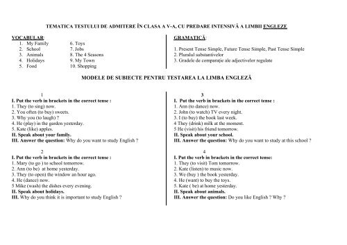 MODELE DE SUBIECTE PENTRU TESTAREA LA LIMBA ENGLEZÄ