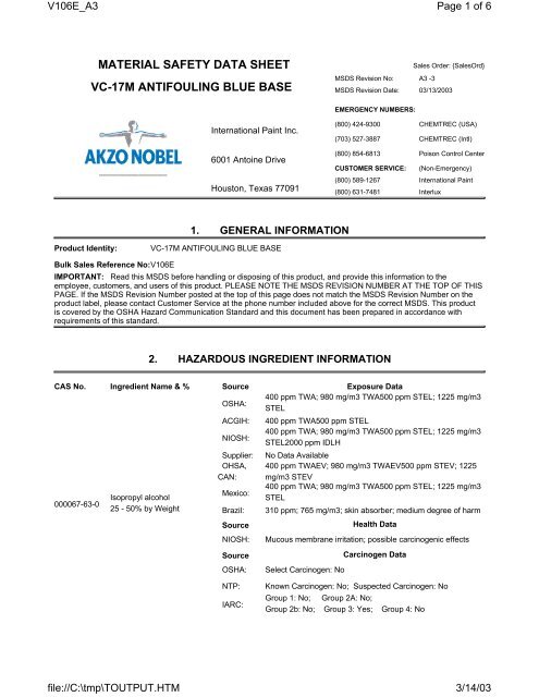 material safety data sheet vc-17m antifouling blue base - datasheets ...