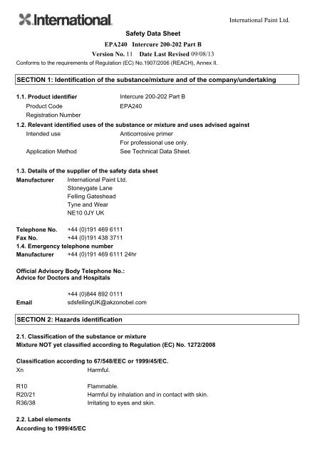 International Paint Ltd. Safety Data Sheet EPA240 Intercure 200-202 ...