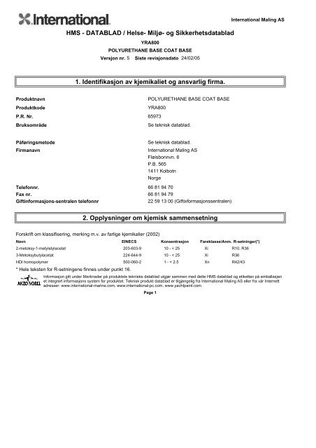HMS - DATABLAD / Helse- MiljÃ¸- og Sikkerhetsdatablad 1 ...