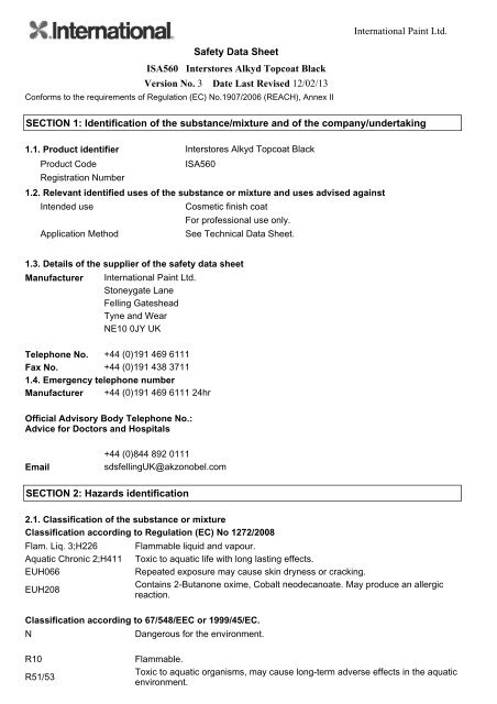 International Paint Ltd. Safety Data Sheet ISA560 Interstores Alkyd ...